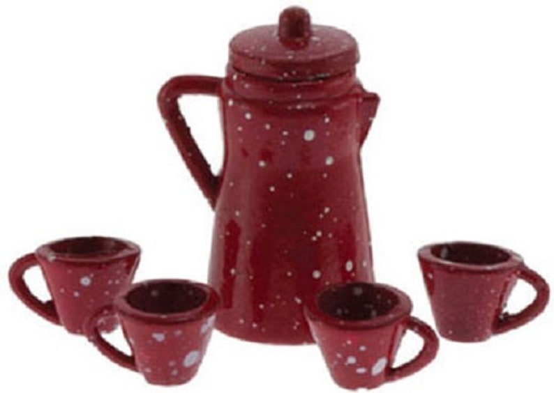 Dollhouse Miniature Red Enamelware Spatterware Coffee Set (5 Pcs) - 1: ...