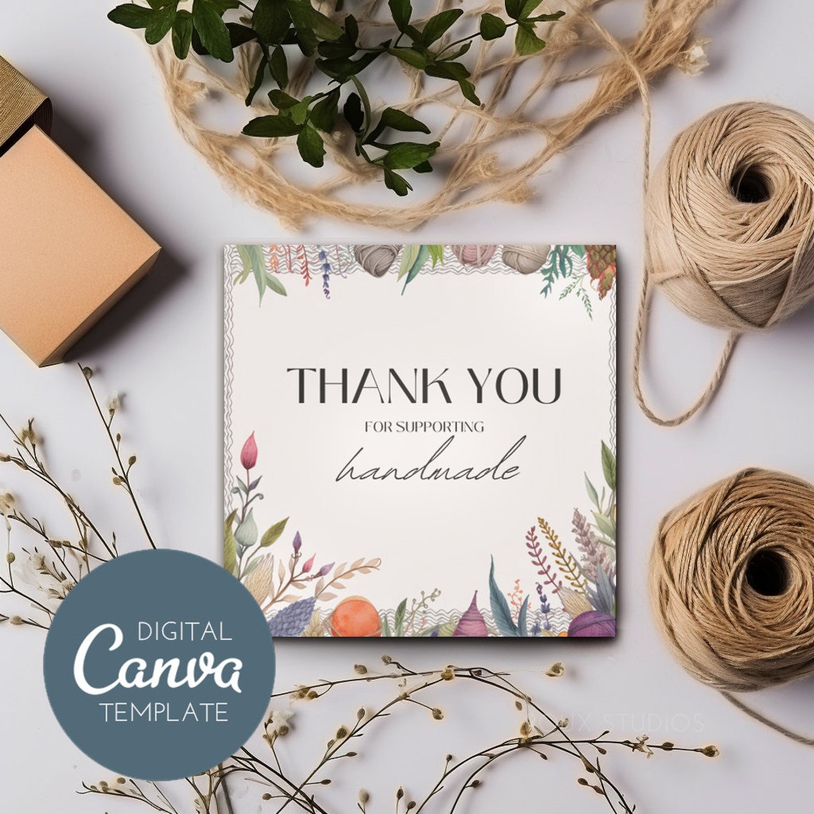 Folk Art Thank You Card Template, Knitting Yarn Border (canva Editable ...