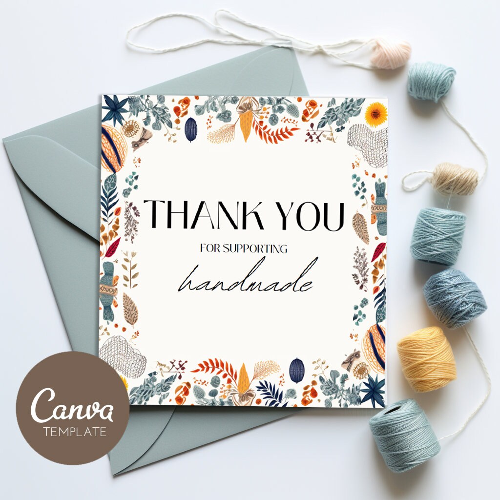 Folk Art Thank You Card Template, Knitting Yarn Border (canva Editable ...