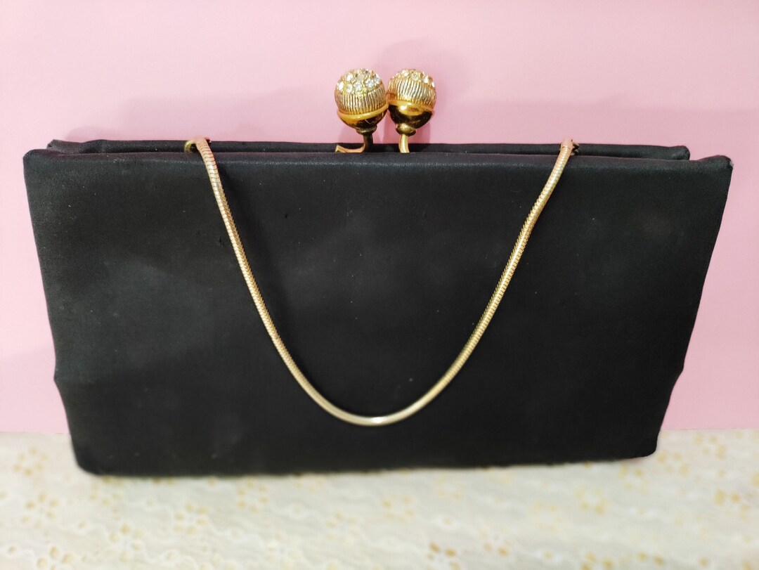 Vintage After Five Black Satin Clutch Purse With Rhinestones Mid ...
