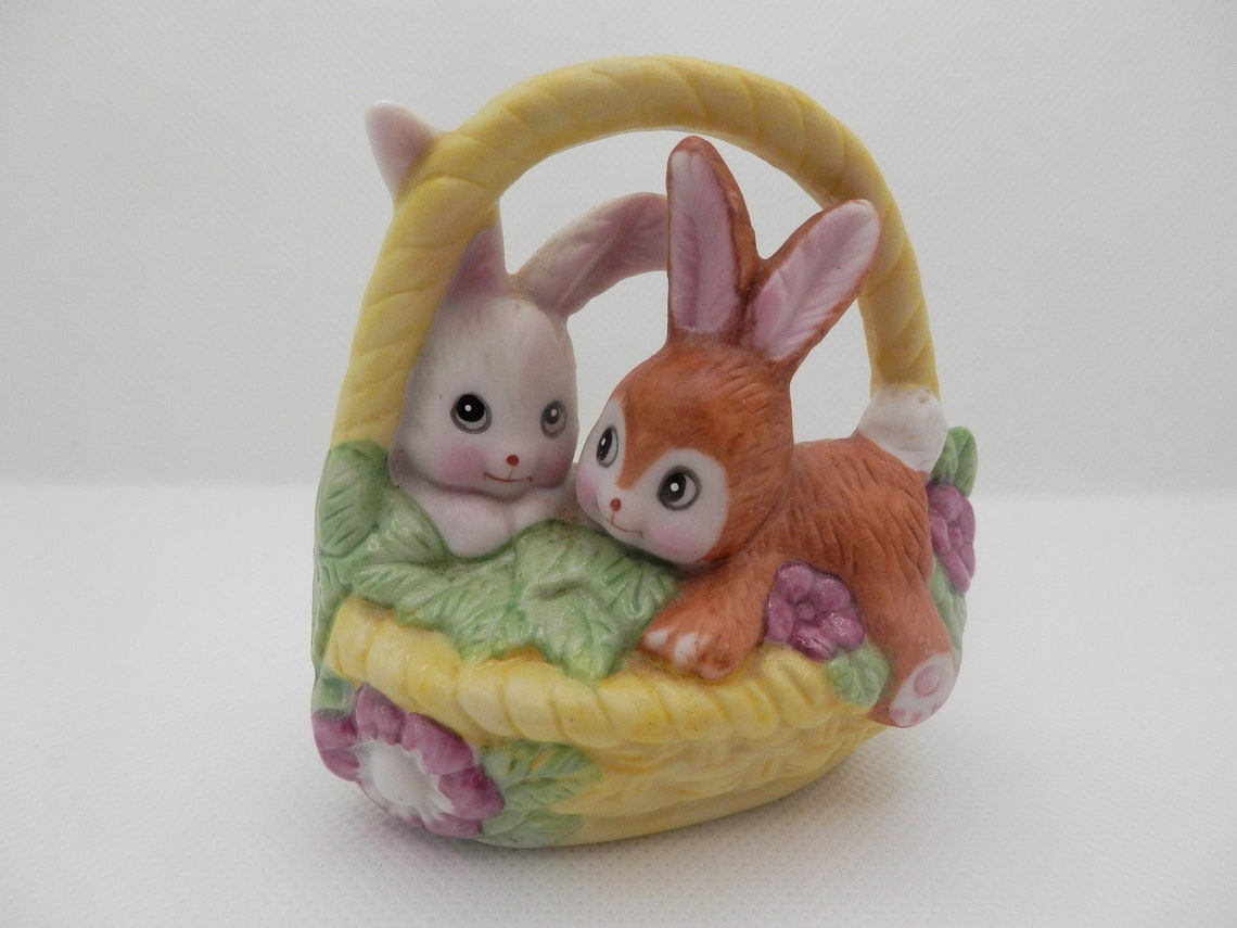 Russ Berrie and Company Bunnies in a basket figurine porcelain | Etsy