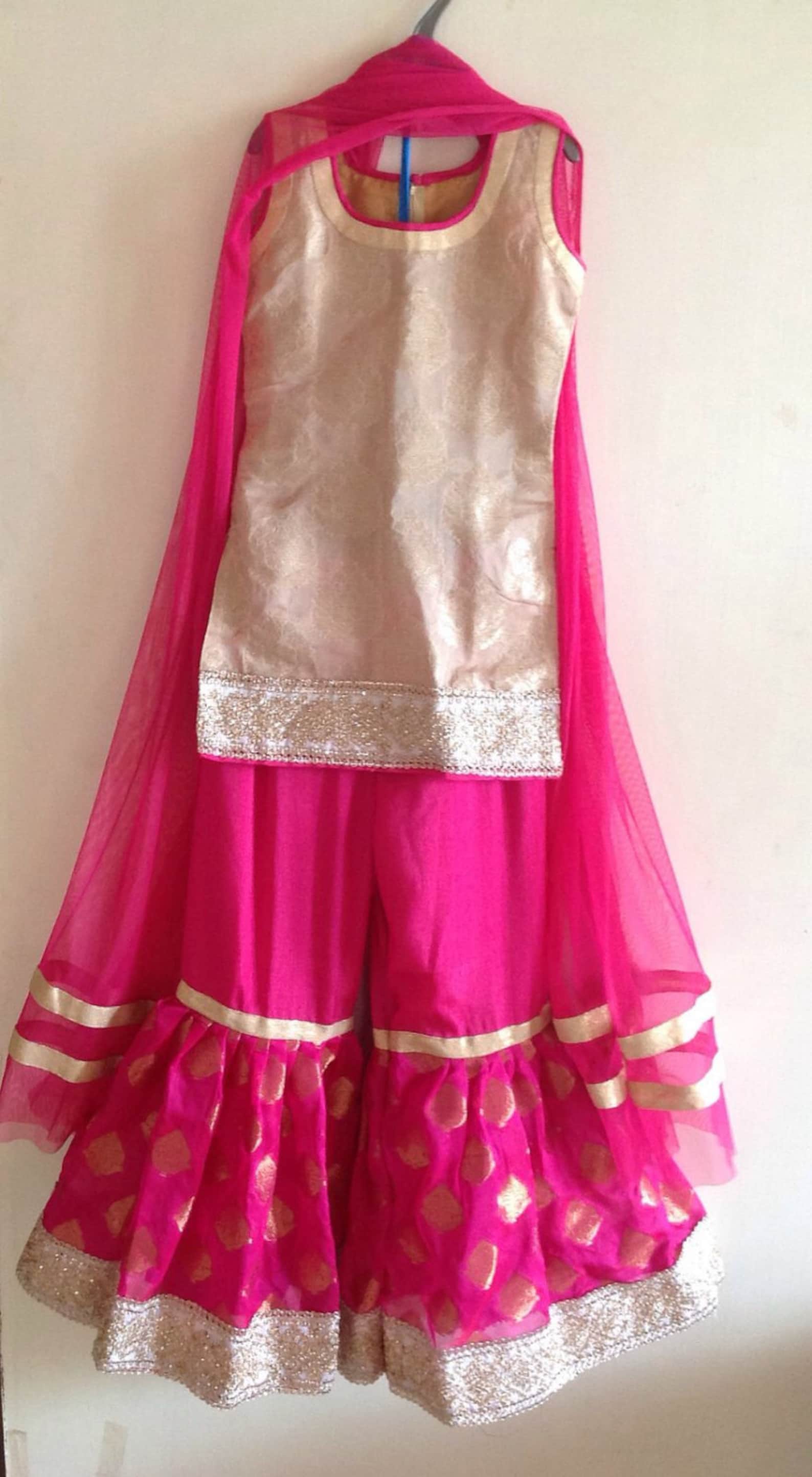 Girls Pink Beige and Gold Sharara Suit With Short Top and Flared ...