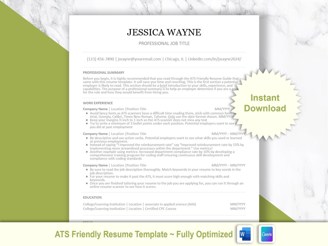 ATS Friendly Resume Template ATS Resume Word Ats Resume Template Canva ...