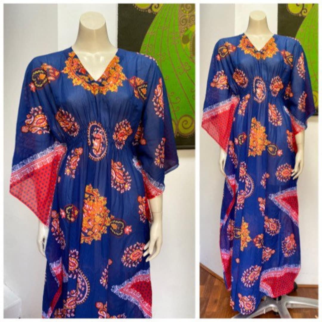 70's Vintage Sheer Red Blue Caftan Dress - Etsy