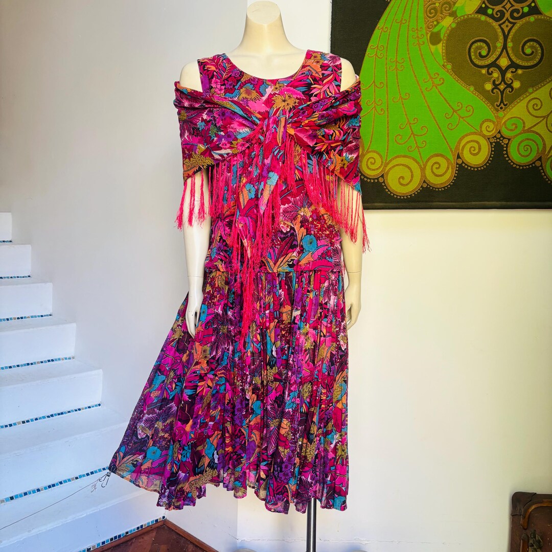 80's Vintage INDIAN Gauze BIRD Print Dress W Fringed Scarf - Etsy