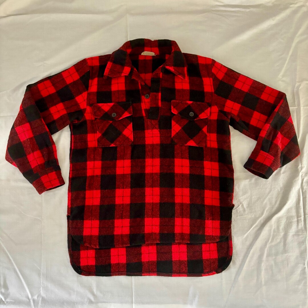Vintage Pure WOOL Red Black Checked Bush Shirt M - Etsy
