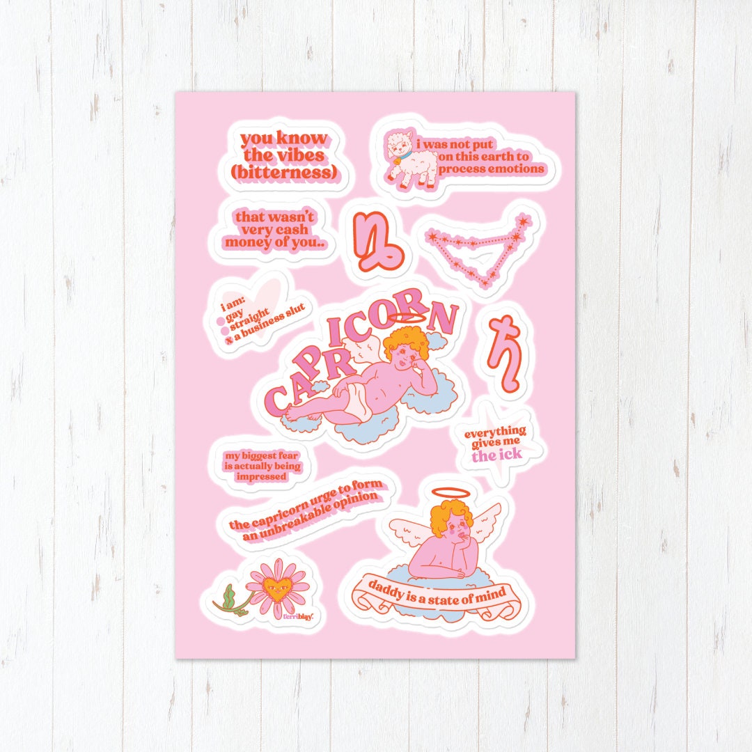 Funny Capricorn Zodiac Sticker Sheet, Cute Pink Humorous Art, High ...