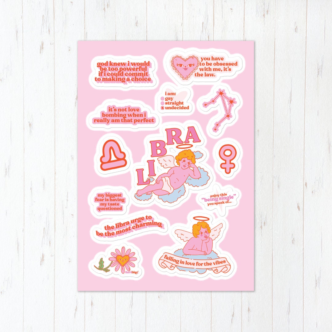 Funny Libra Zodiac Sticker Sheet, Cute Pink Astrology Angel Art Vinyl ...