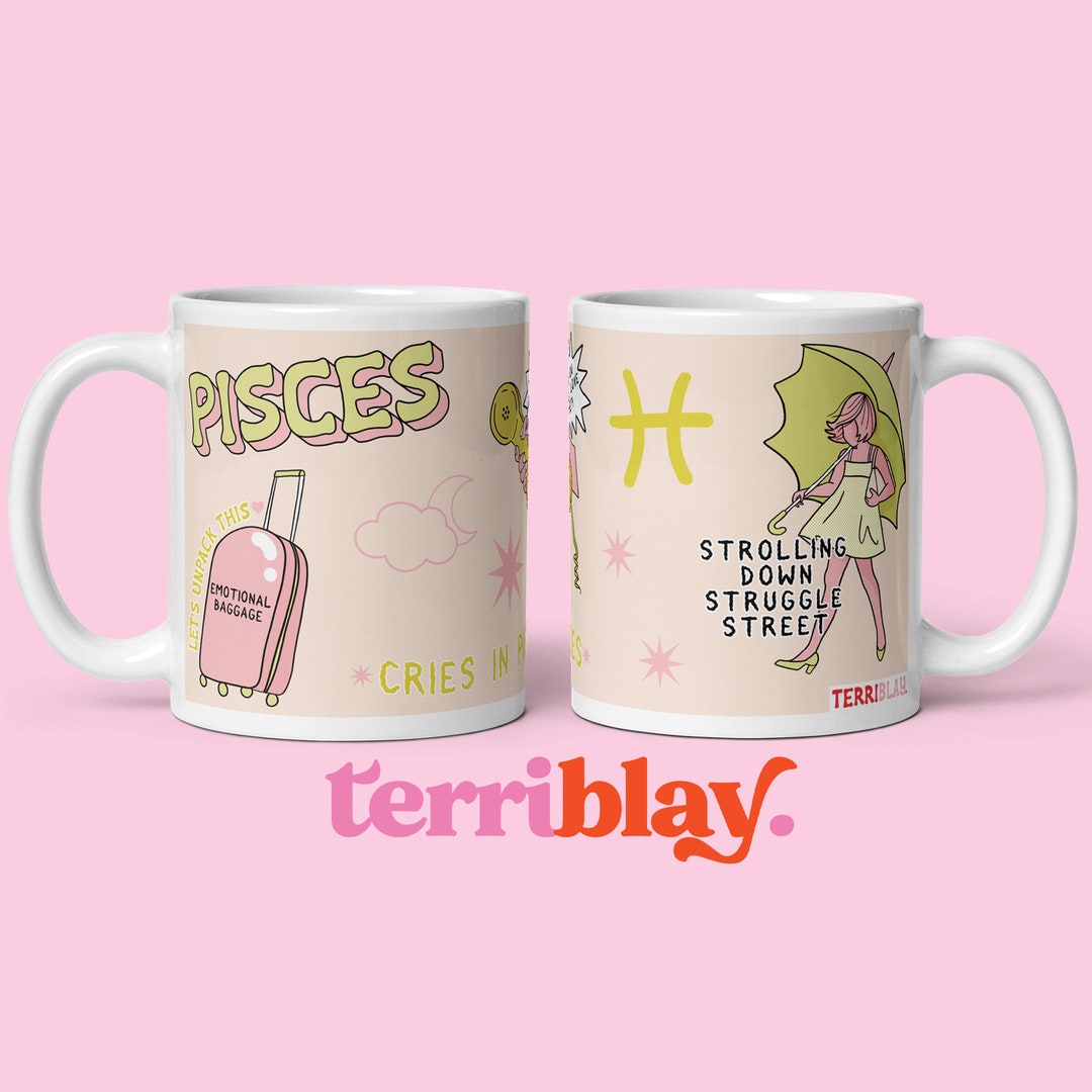 Funny Pisces Zodiac Mug, Cute Astrology Art Mug for February Birthday ...