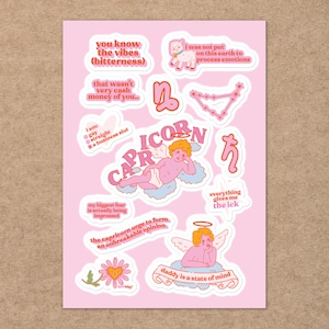 Funny Capricorn Zodiac Sticker Sheet, Cute Pink Humorous Art, High ...