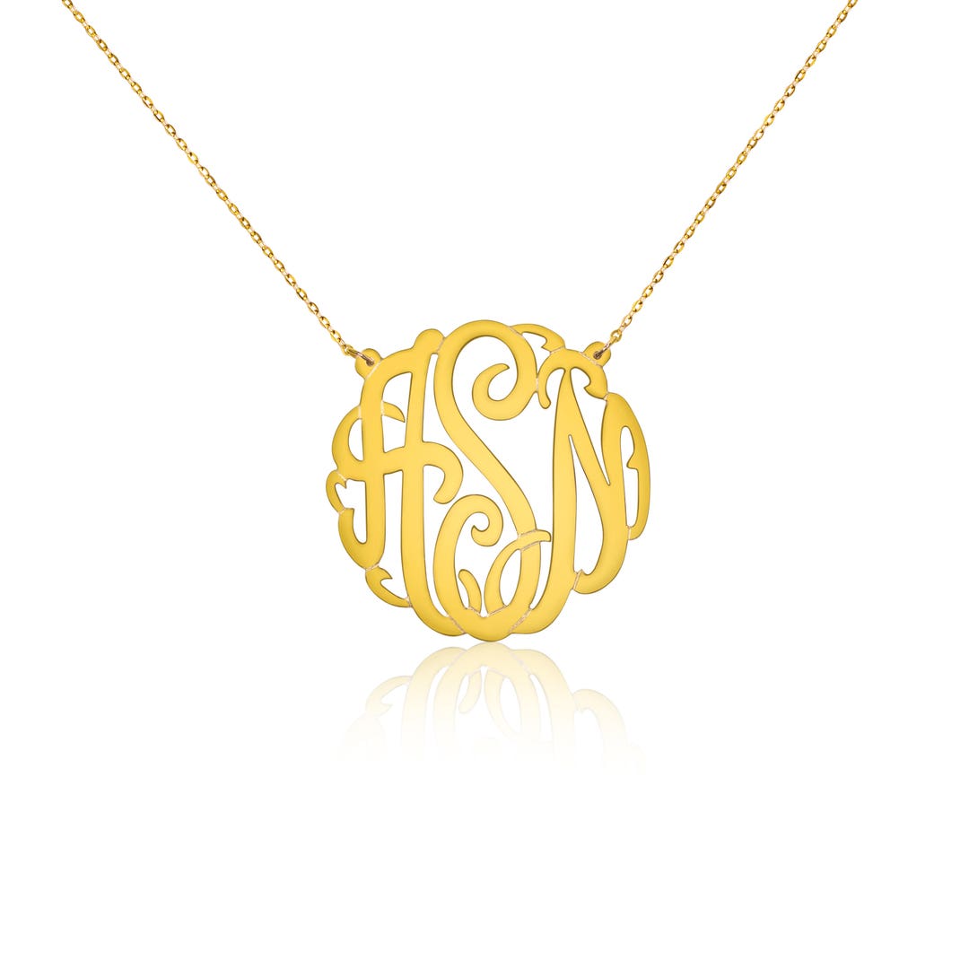 10K Solid Gold Monogram Necklace, Script Monogram Gold Necklace ...