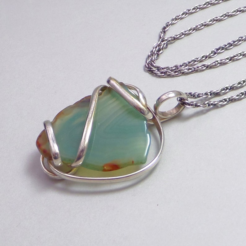 Vintage STERLING Banded AGATE Necklace Pendant 25 Inch Long - Etsy