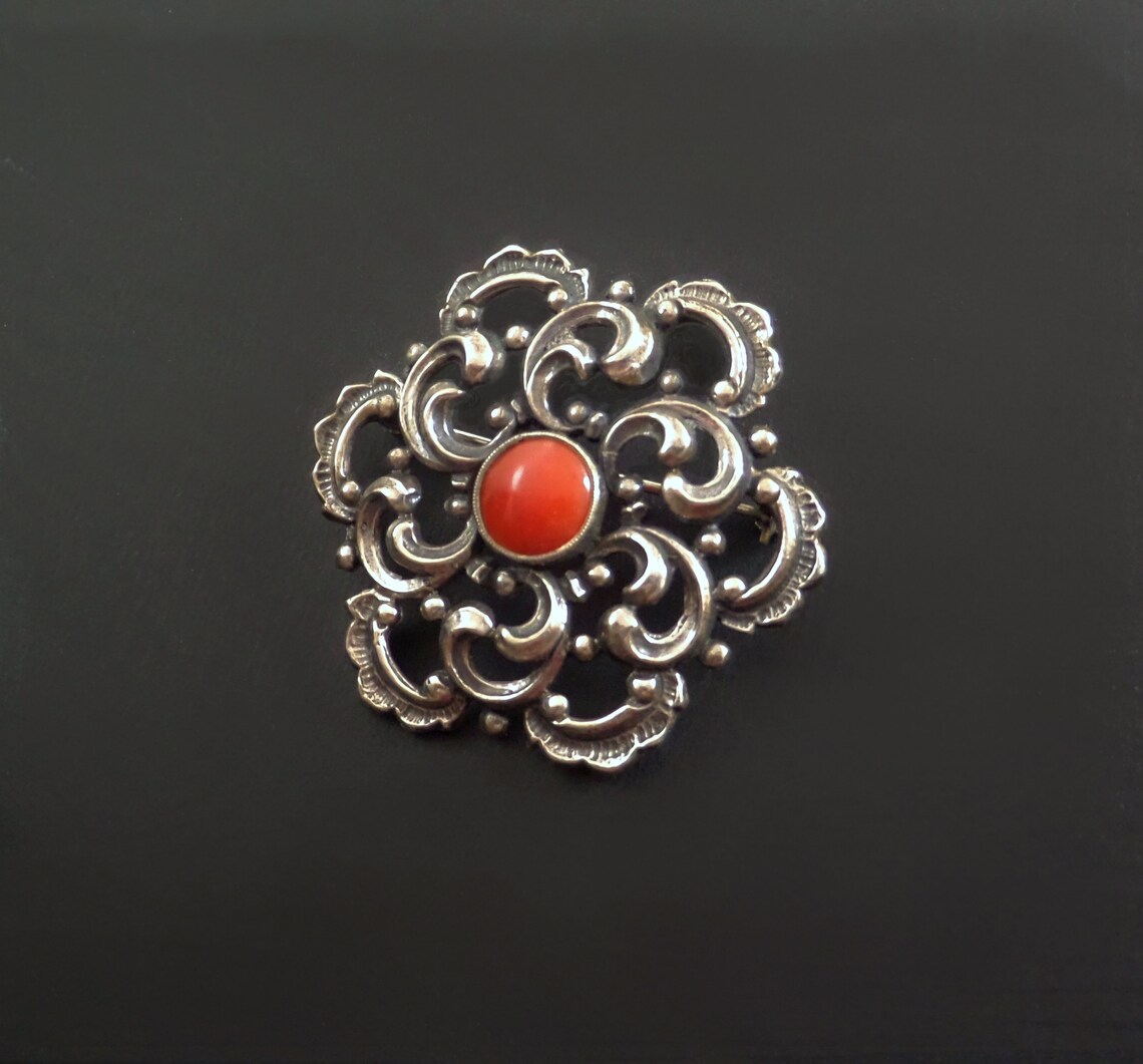 Sale Antique Natural Red CORAL Brooch SOLID Silver 800 | Etsy
