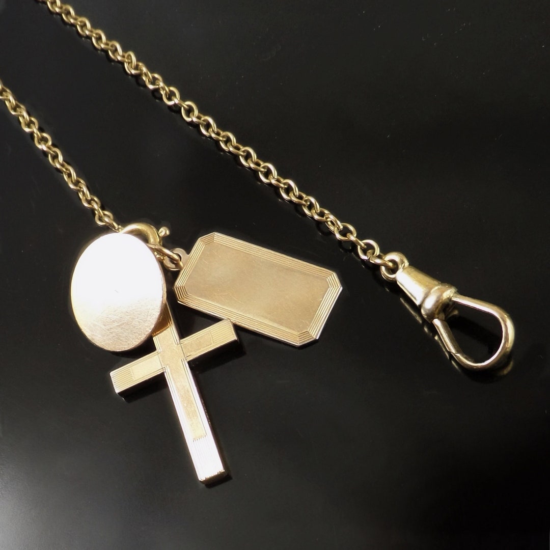 Antique GF Watch Chain Charms, Long Watch Chain 13-1/4, H.F.B Cross ...