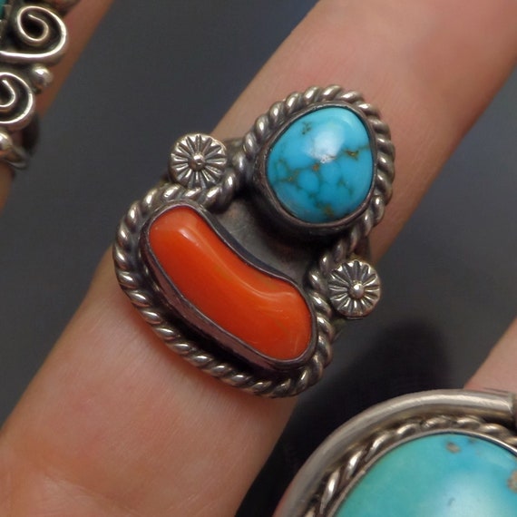 REDWATER Signed Vintage Turquoise Coral RING Old Pawn… - Gem