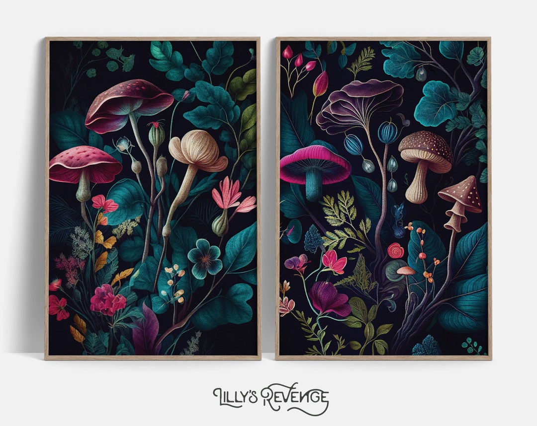 Jewel Tone Decor Dark Floral Mushroom Wall Art Dark Floral Print ...