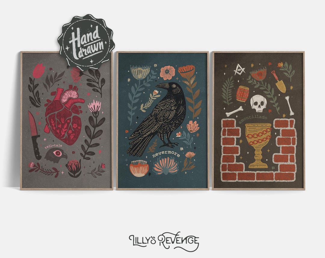 Set of 3 Edgar Allan Poe Prints | Whimsigoth Booklover Wall Art ...