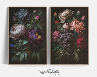 Color Peony Painting Flower Wall Art Dark Floral Print Dark Academia ...