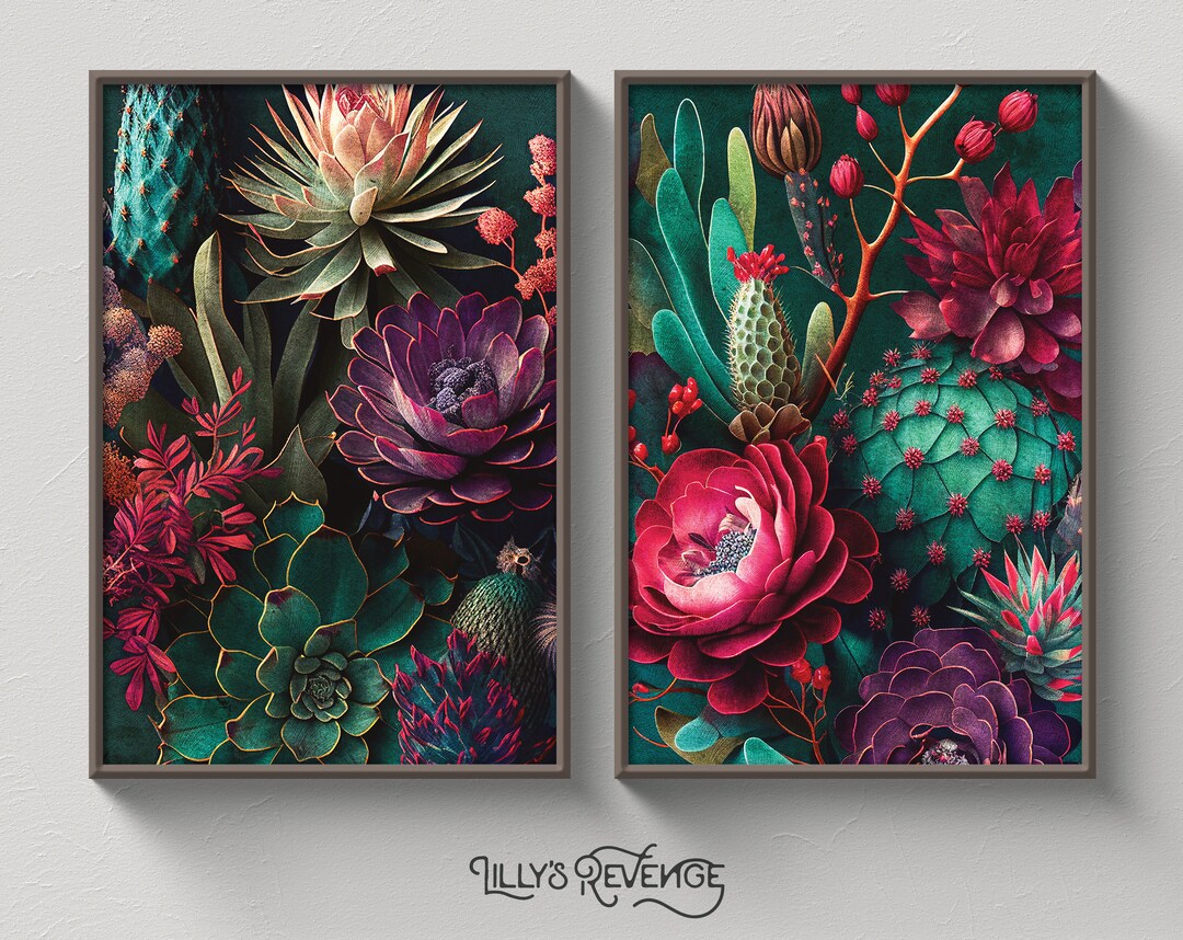 Set of 2 Printable Jewel Tone Dark Desert Floral Wall Art Prints ...
