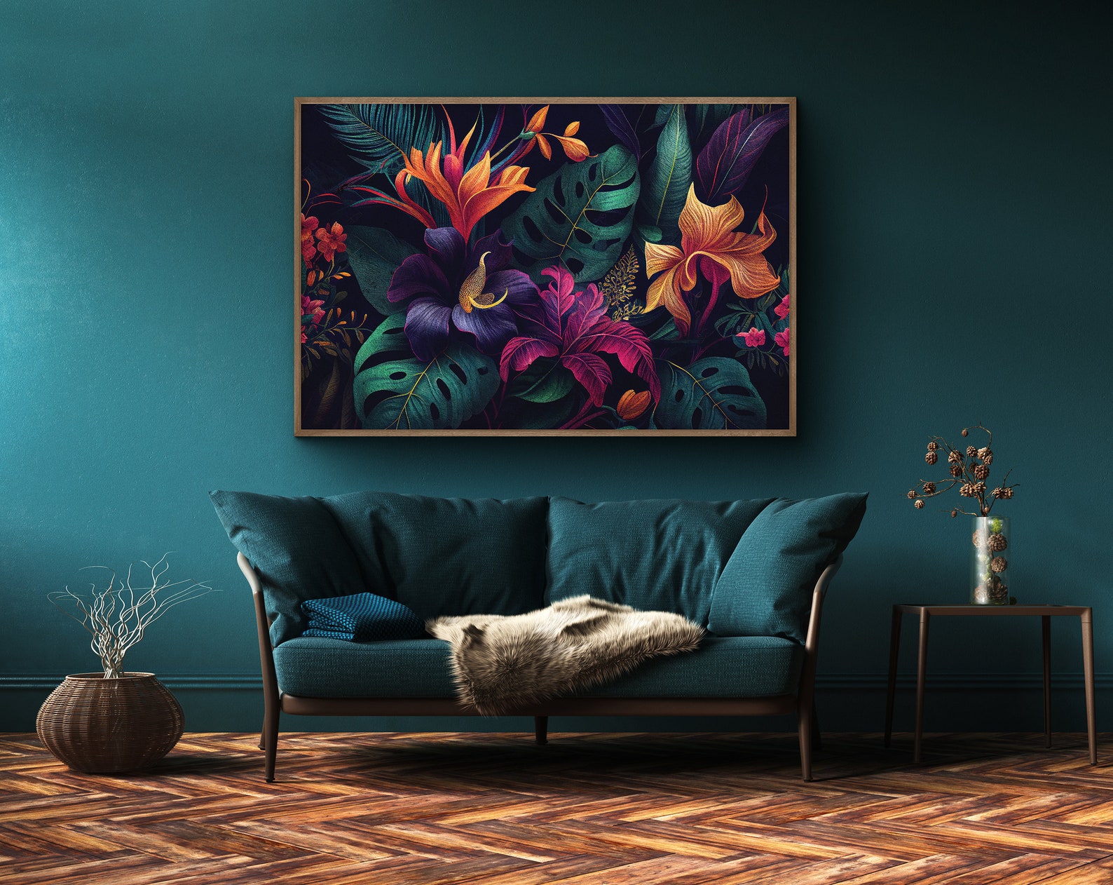 Printable Jewel Tone Dark Floral Jungle Wall Art Print, Dark Floral ...
