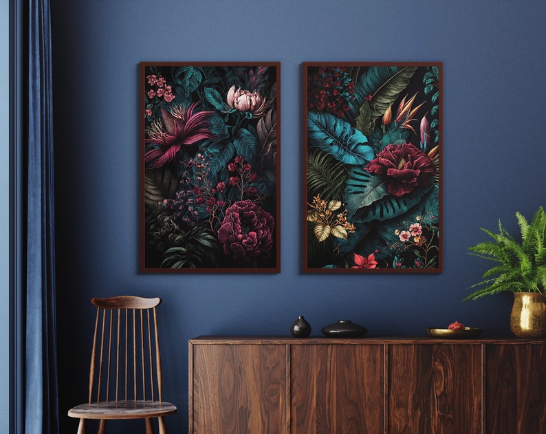 Set of 2 Printable Jewel Tone Dark Floral Jungle Wall Art - Etsy