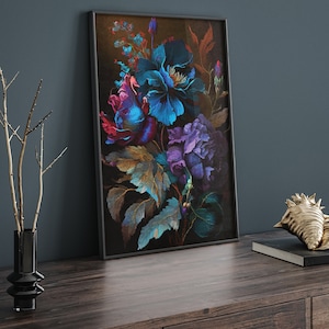 Set of 2 Printable Jewel Tone Wall Art Dark Floral Prints Moody Wall ...