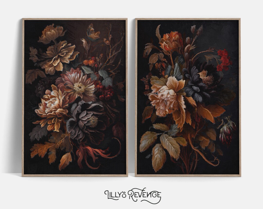 Whimsigoth Decor Dark Academia Flower Painting Set of 2 Printable Sage ...