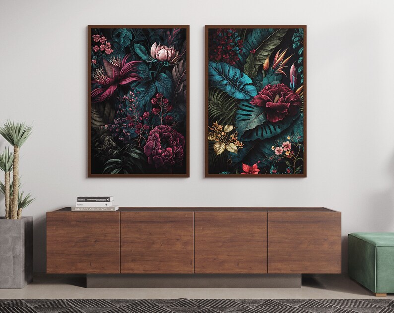 Set of 2 Printable Jewel Tone Dark Floral Jungle Wall Art - Etsy