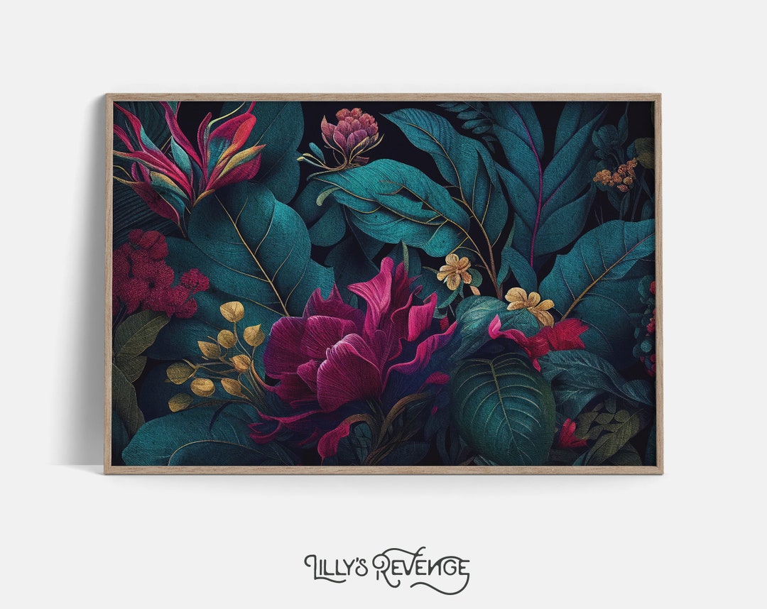 Printable Jewel Tone Dark Floral Jungle Wall Art Print, Dark Floral ...