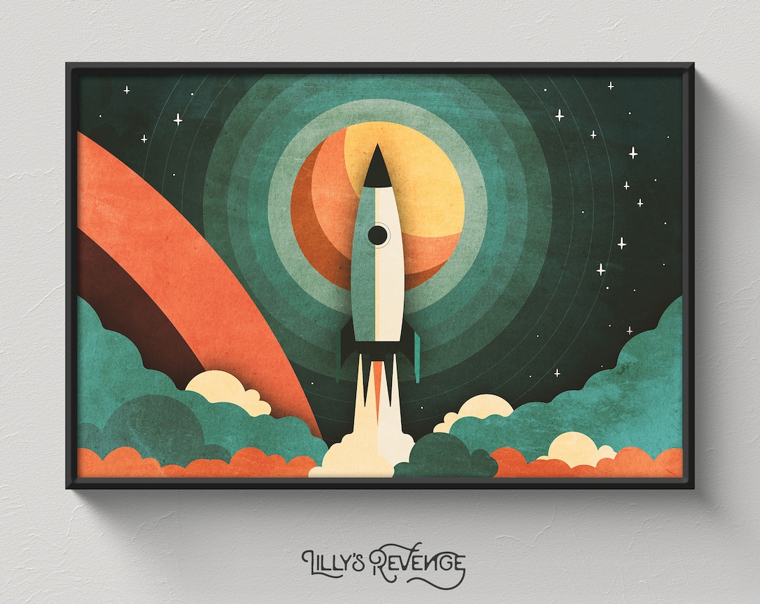 Mid Century Art Space Print, Rocket Ship Art, Retro Futurism ...