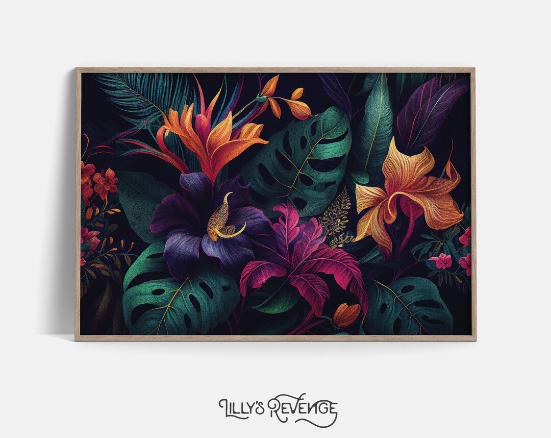 Printable Jewel Tone Dark Floral Jungle Wall Art Print, Dark Floral ...