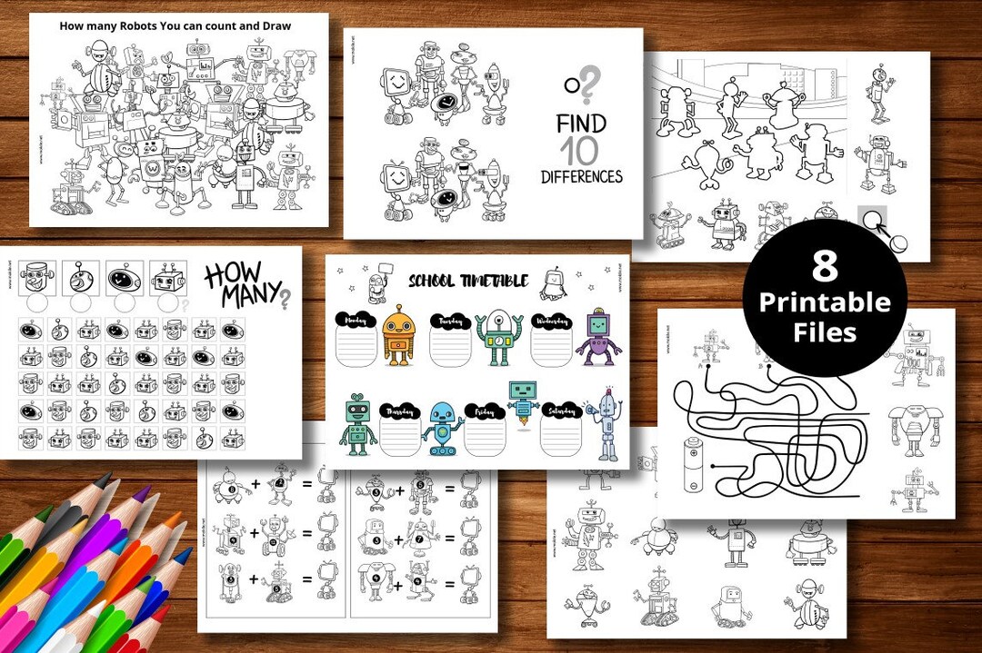 Robot Printable Activity and Coloring Sheets - 8 Fun Pages for Kids - Etsy