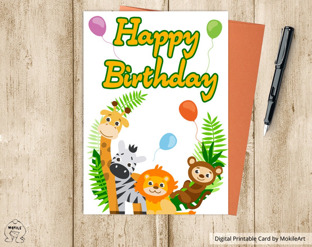 Printable Happy Birthday Card With Adorable Animals for Kids - Instant ...