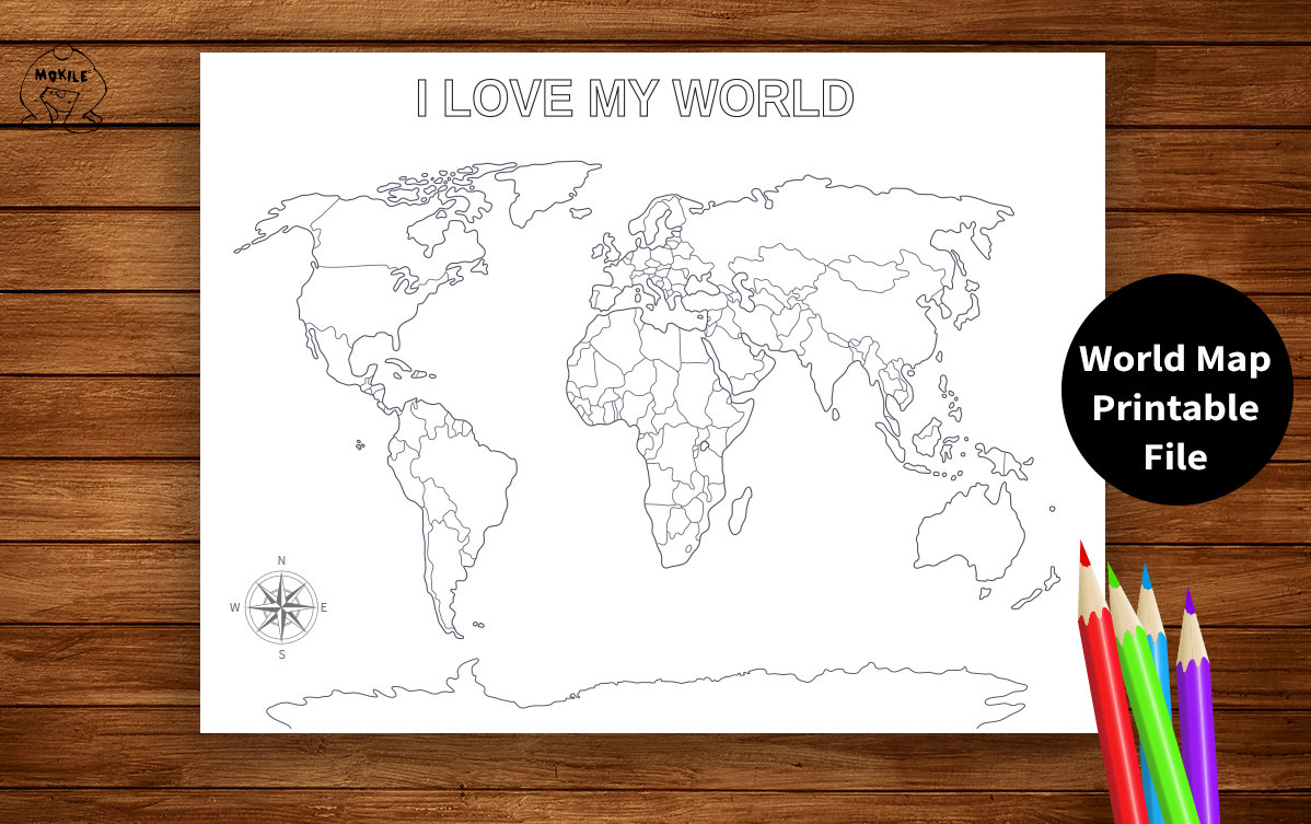 Printable Coloring World Map for Kids – Learn Countries & Oceans ...