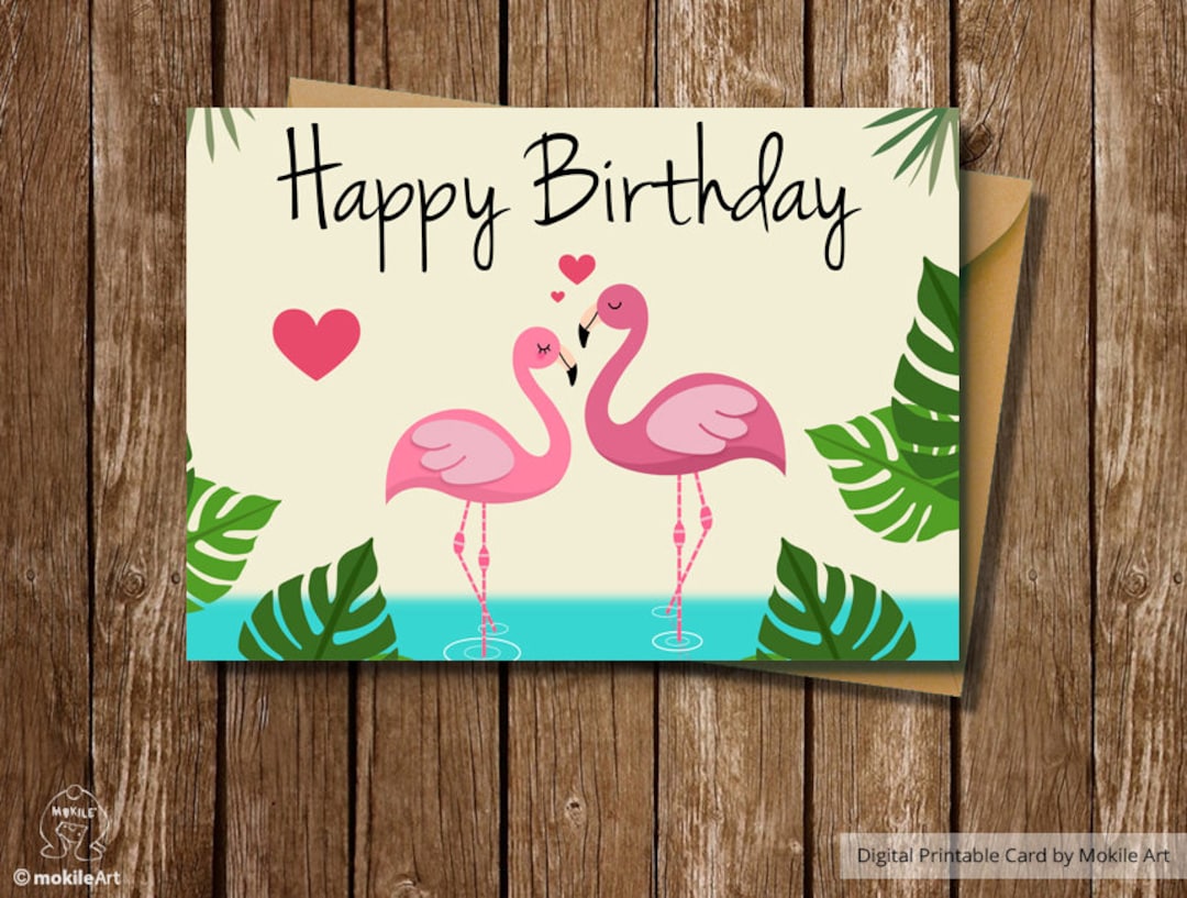 Flamingo Birthday Card: Printable 5x7 Tropical Design (instant Download ...