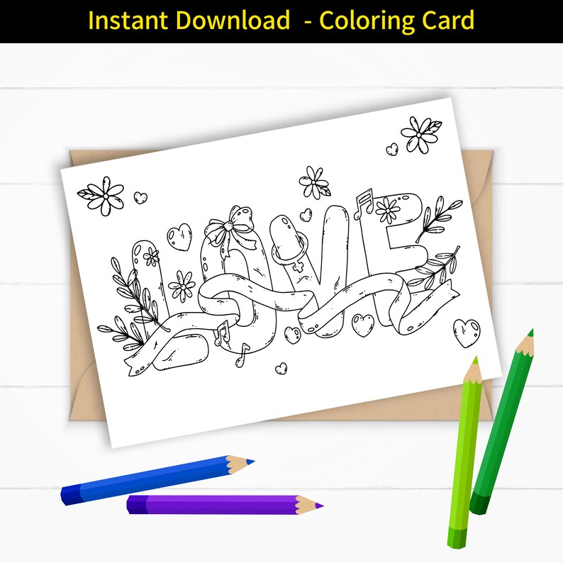 Love Card Printable Color Card Colouring Page Ready to Print - Etsy