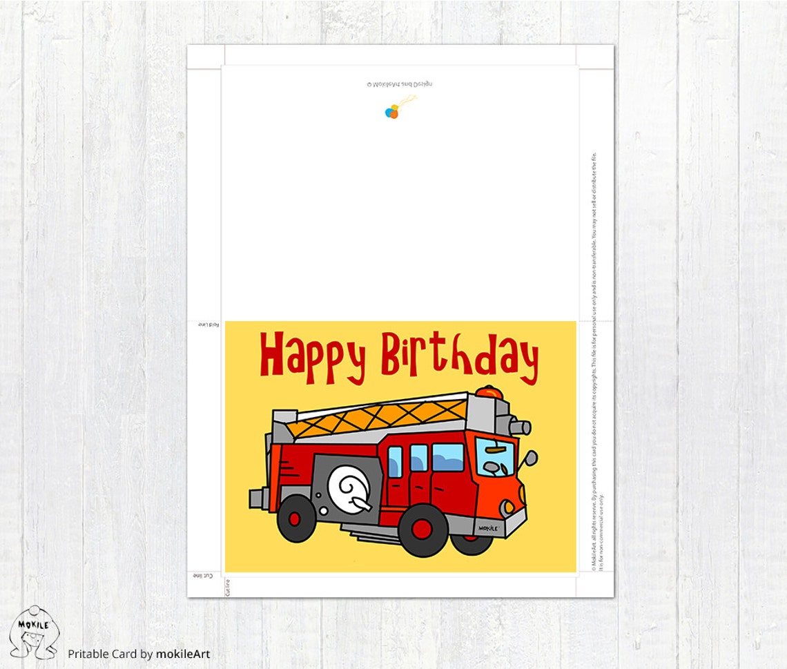 Fire Truck Birthday Card,printable Birthday Card ,fire Car Card ...