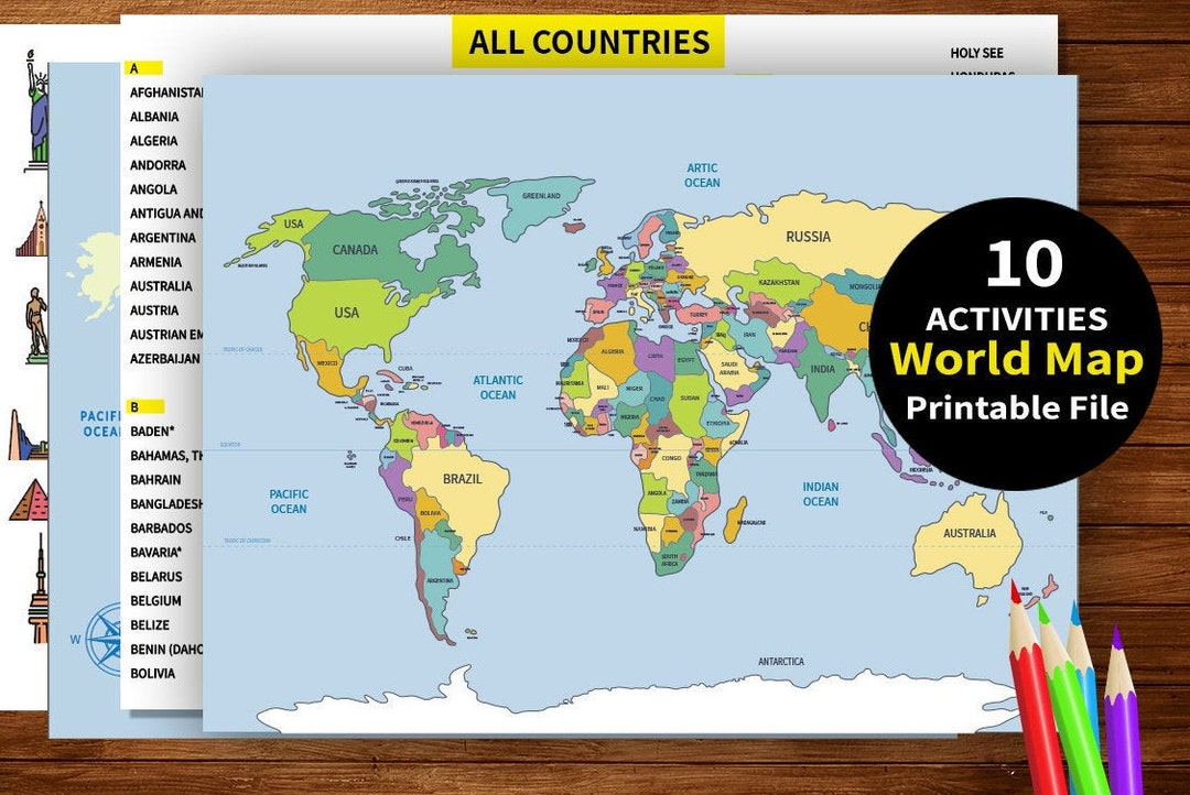 Printable Coloring World Map for Kids – Learn Countries & Oceans ...