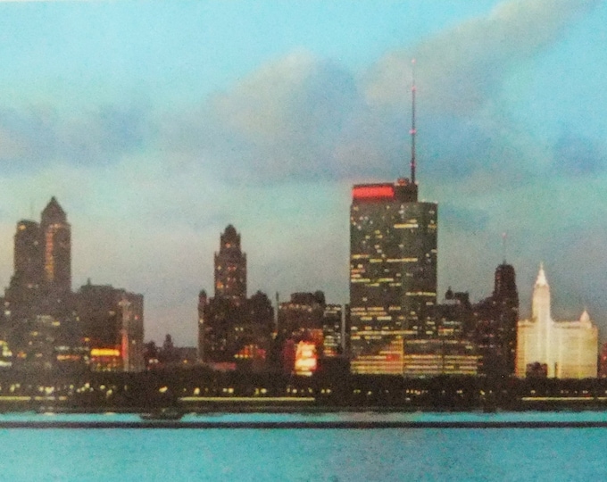 Chicago Postcard, Chicago Skyline and Lake Front at Night, Vintage ...