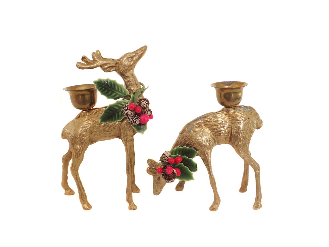 Mid Century Deer Candle Holders, Vintage Reindeer Figurines, Gold Deer ...