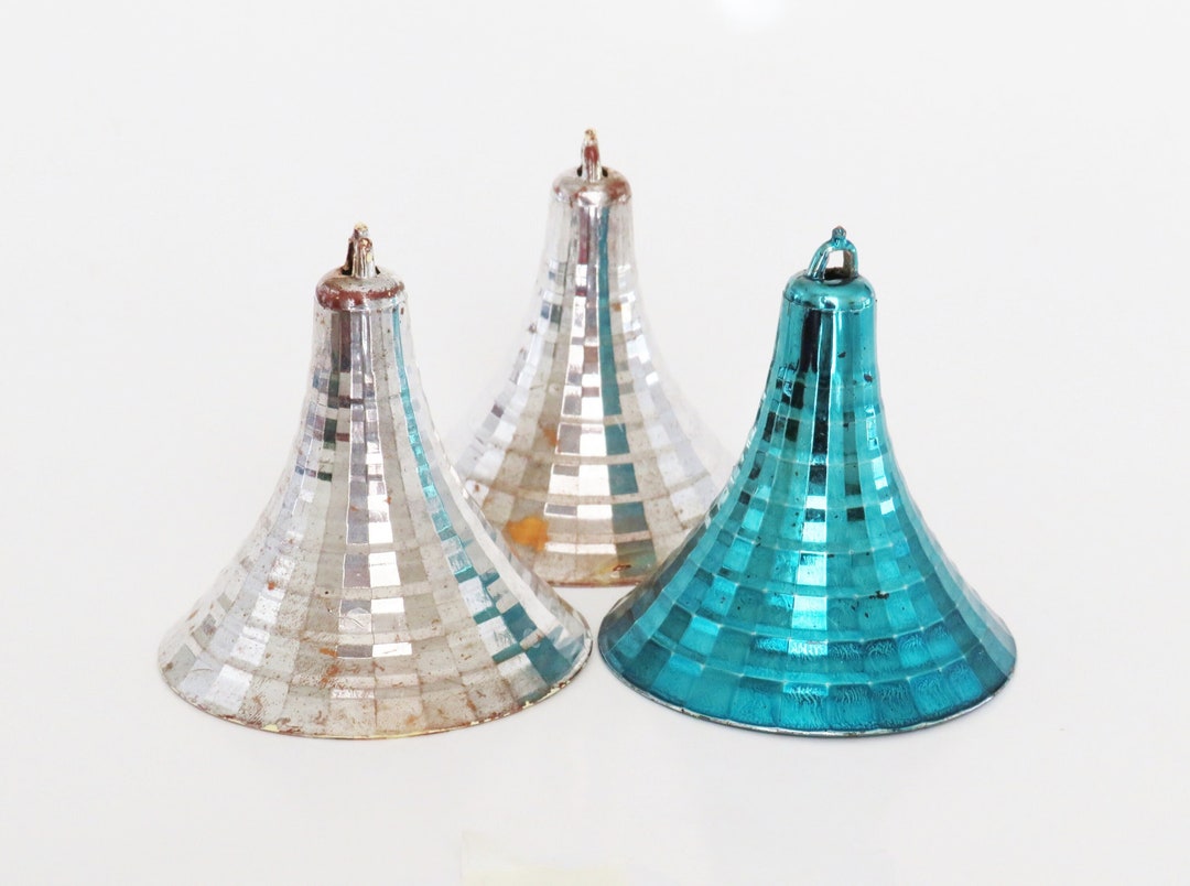Vintage Mid Century Bell Ornaments, Silver Blue Plastic Disco Bell ...