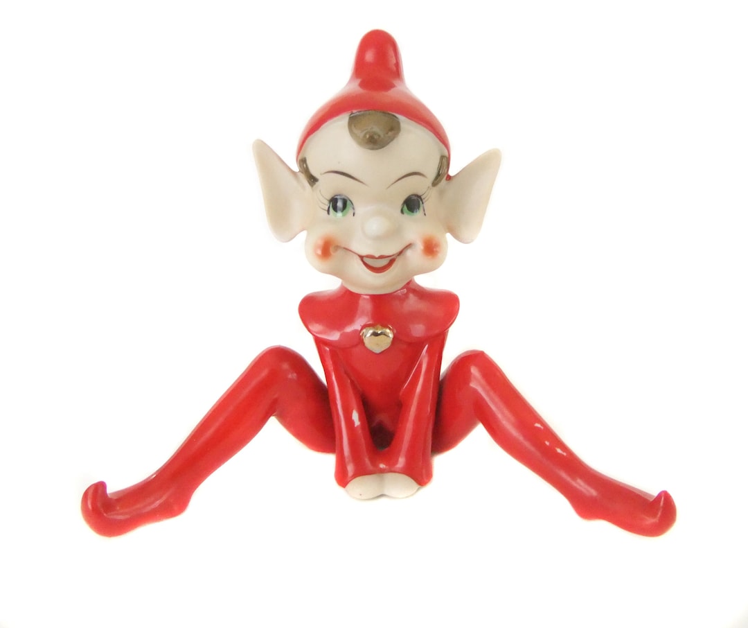 1950's Pixie Elf Figurine, Ceramic Elf, Red Elf Suit, Gold Heart ...