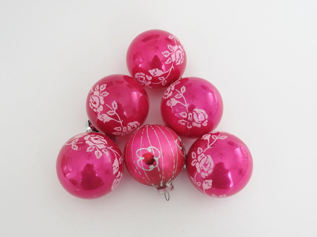 Vintage Pink Glass Ornaments, Rose Stencil Glass Ornaments, Pink Glass ...