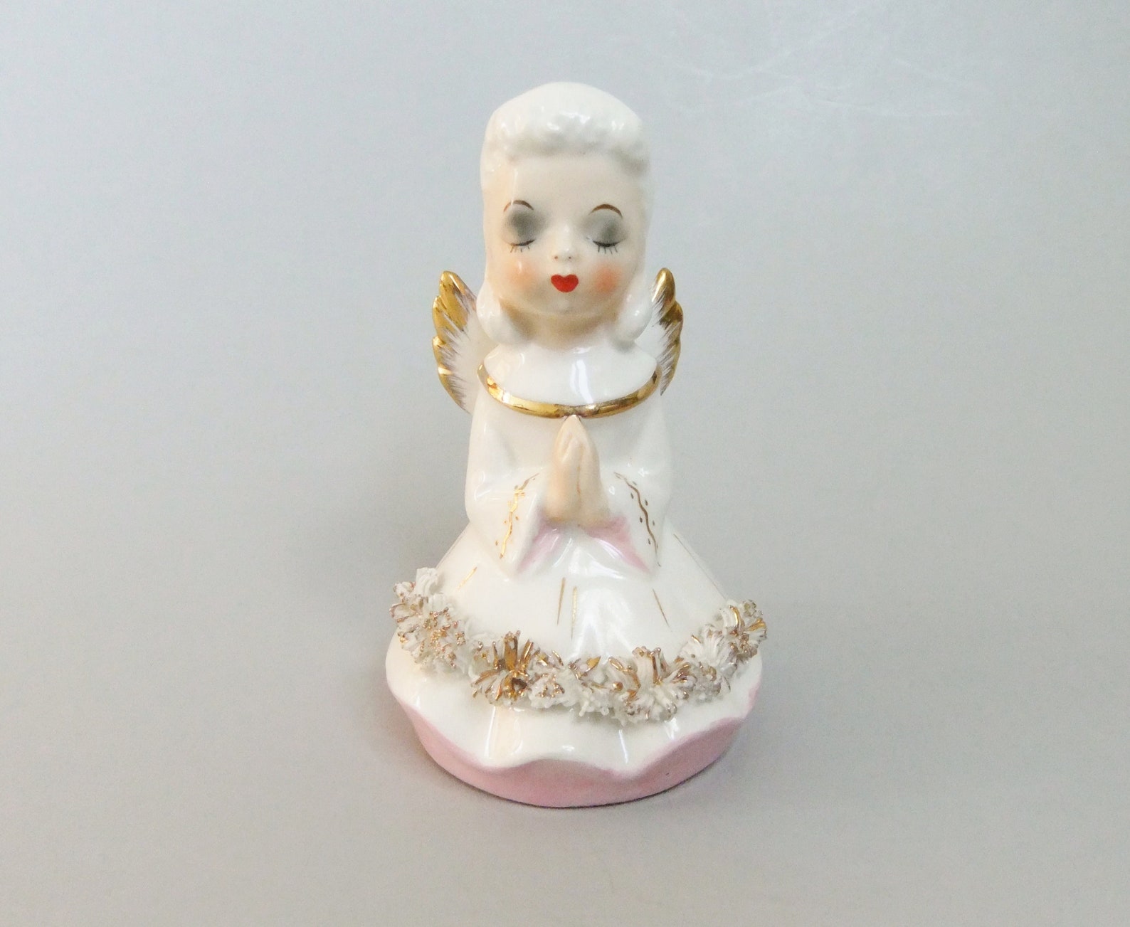 Vintage Angel Figurine Pink White Dress Gold Detail Praying | Etsy
