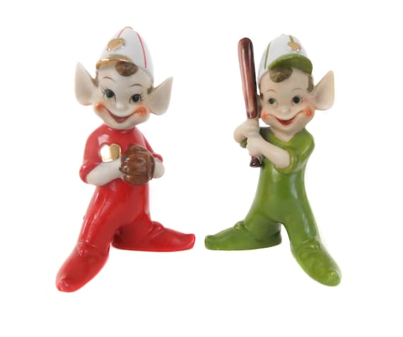Vintage Elf Figurines Baseball Pixie Elves Green and Red | Etsy