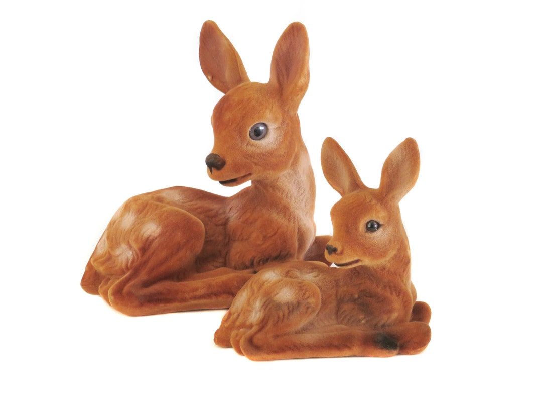 Flocked Doe and Fawn Figurines, Vintage Flocked Plastic Deer Figurines ...