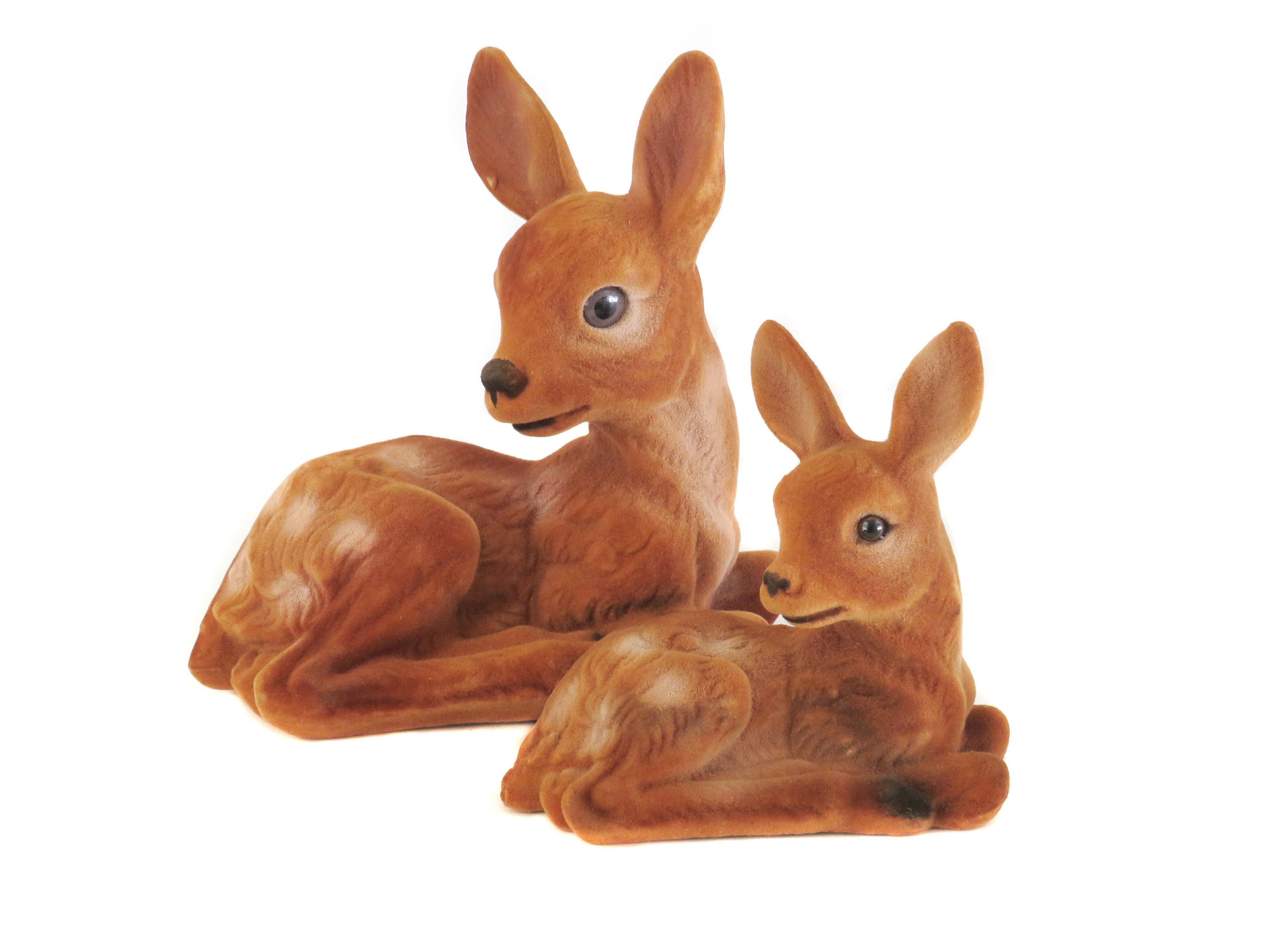 Flocked Doe and Fawn Figurines, Vintage Flocked Plastic Deer Figurines ...