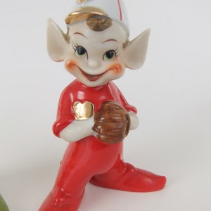 Vintage Elf Figurines, Baseball Pixie Elves, Green and Red Ceramic ...