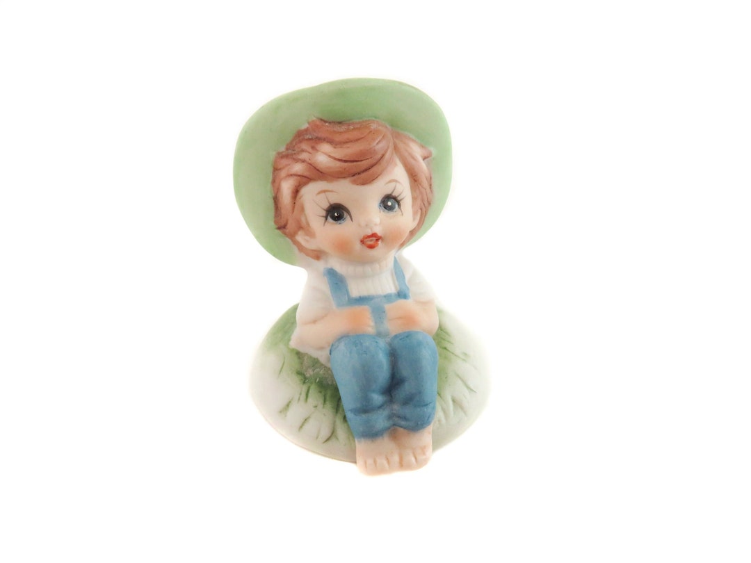 Vintage Little Boy Figurine, Big Blue Eyes, Green Hat, Overalls, Boy ...