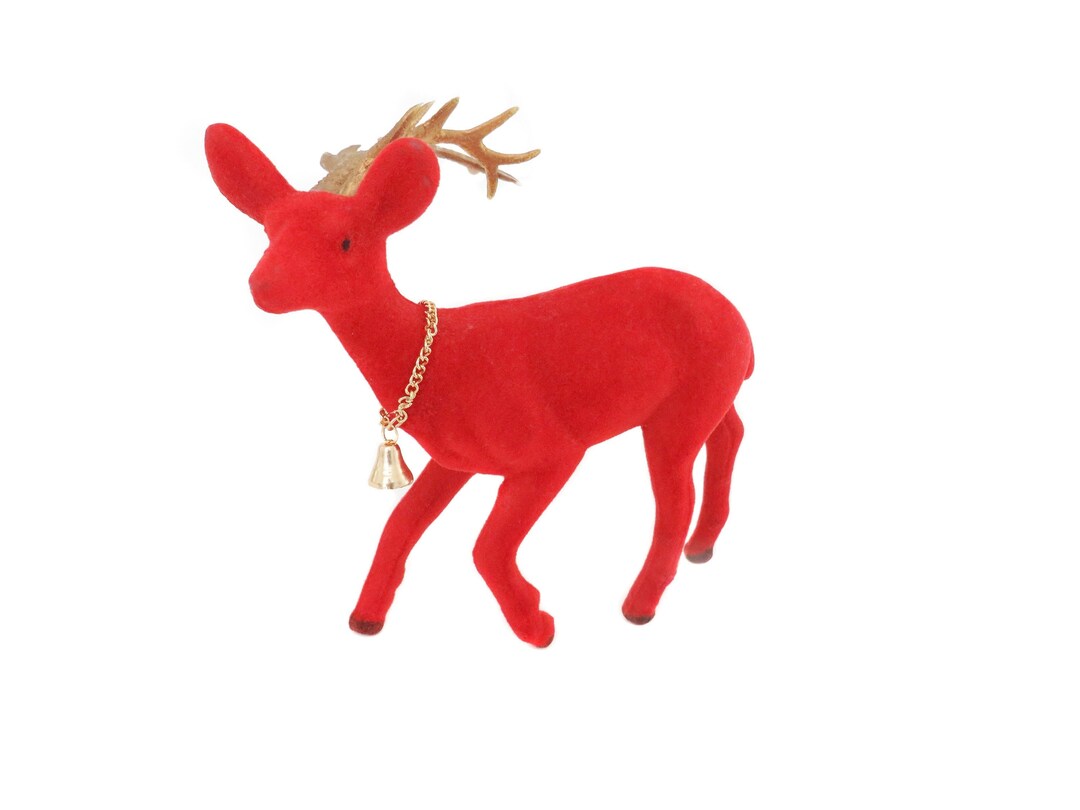 Vintage Red Flocked Reindeer, Christmas Deer Figurine, Plastic Deer ...